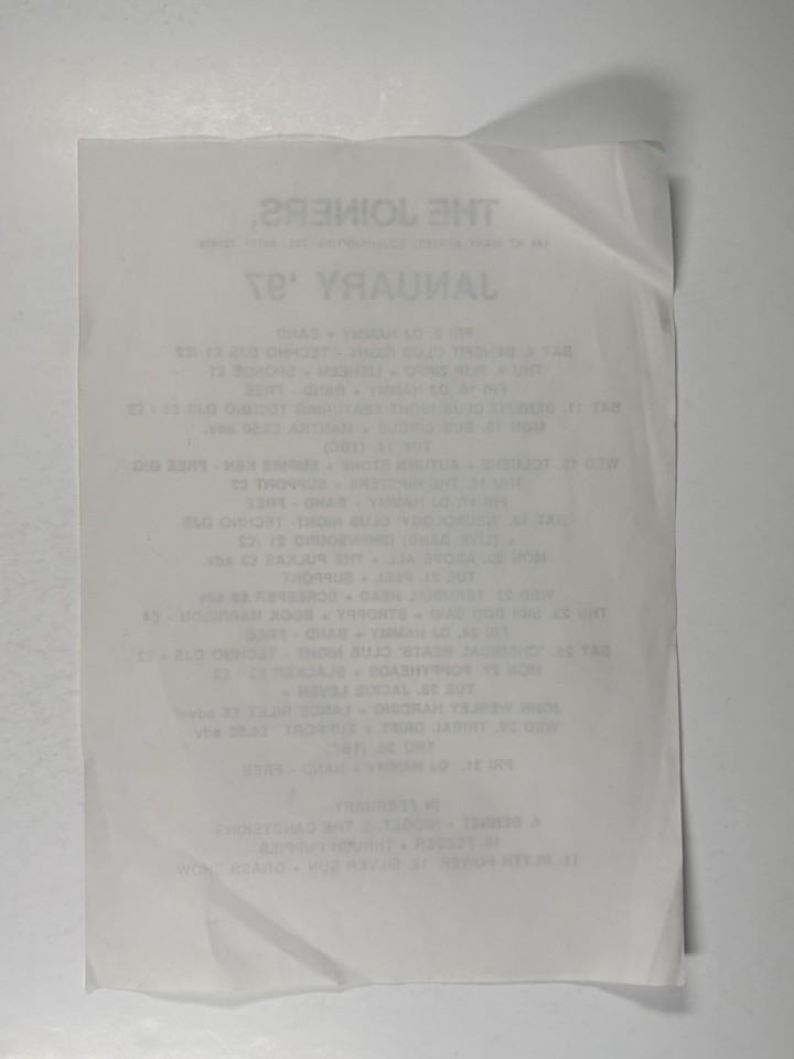 The Joiners Arms Flyer DJ Hammy the Poppyheads Original January 1997 ...