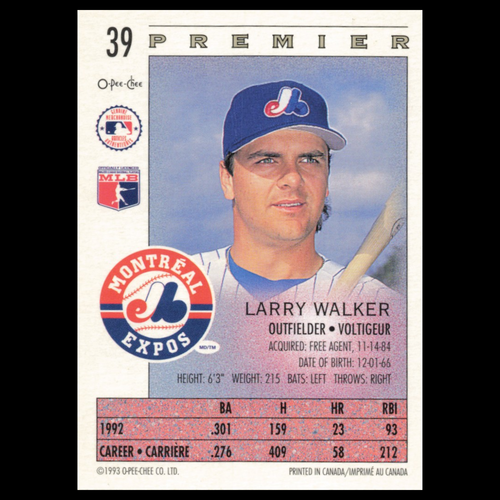 Larry Walker #39 1993 O-Pee-Chee Premier Montreal Expos Baseball Card MLB NM | eBay
