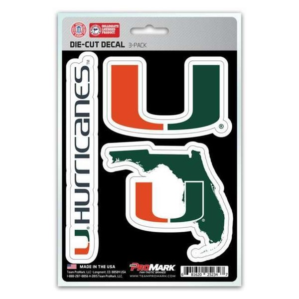 Miami Hurricanes Set of 3 Die Cut Decal Stickers State Outline NCAA for ...