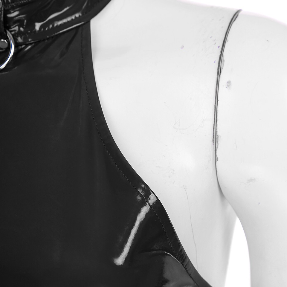 Womens Wet Look Patent Leather Lingerie Halter Vest Crop Tank Top Rave ...