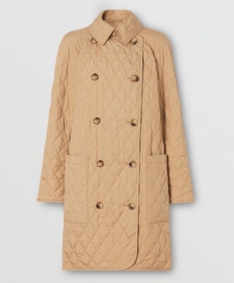 BURBERRY Tything Diamond Quilted Long Jacket Double Breasted in Biscuit ...