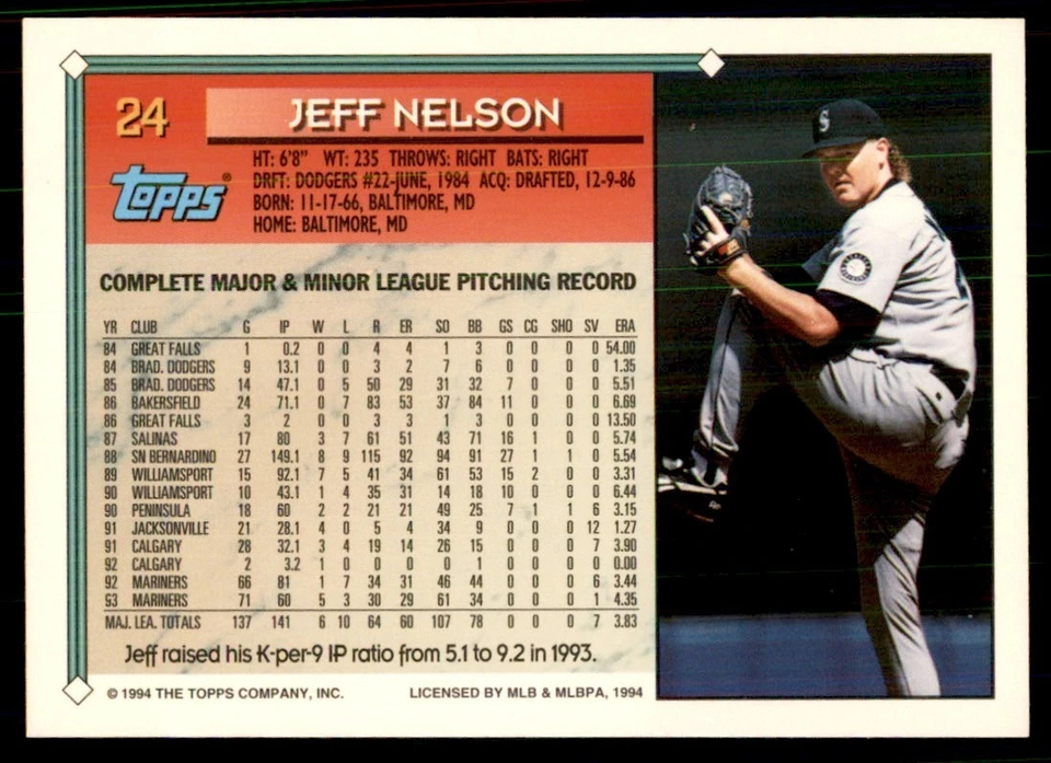 1994 Topps Baseball Card #24 ⚾ JEFF NELSON, Seattle Mariners ⚾ | eBay