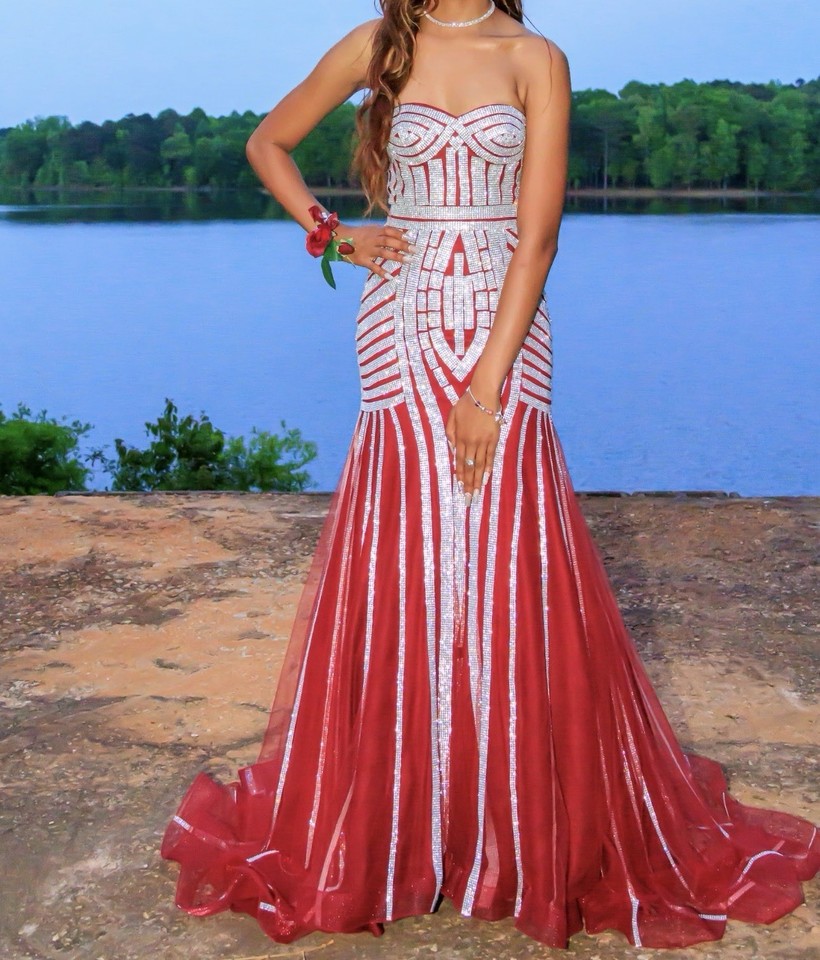 Red Silver Strapless Formal Gown with Sequin Detailing Evening Dress ...