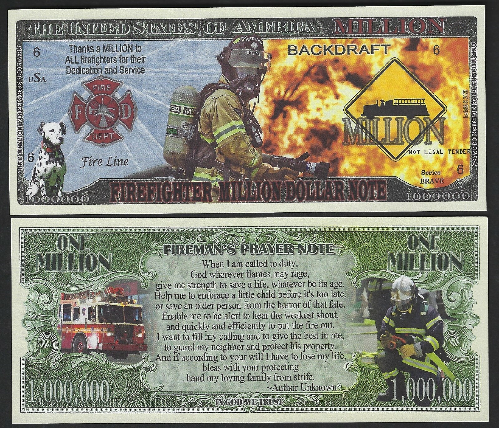 Lot of 100 Bills - FIREFIGHTER MILLION DOLLAR FIREMAN'S PRAYER NOTE | eBay