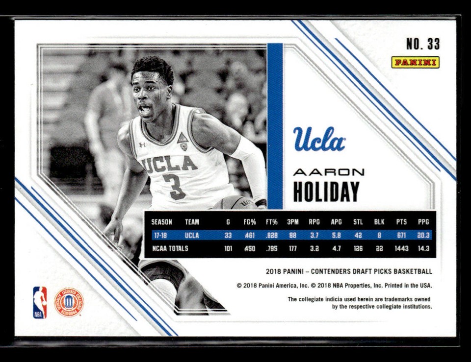2018-19 Contenders Draft Game Day Tickets Cracked Ice #33 Aaron Holiday ...