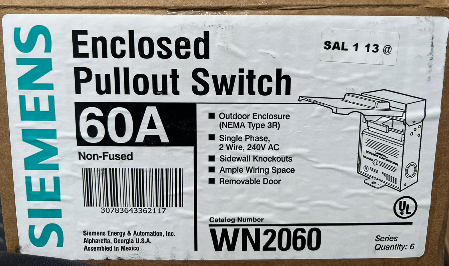 WN2060 Siemens 60 Amp 240V Single Phase 2 Wire Non Fused Enclosed ...