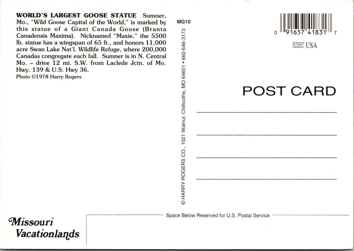 Sumner, MO Missouri GOOSE STATUE~MAXIE World's Largest ROADSIDE 4X6 ...