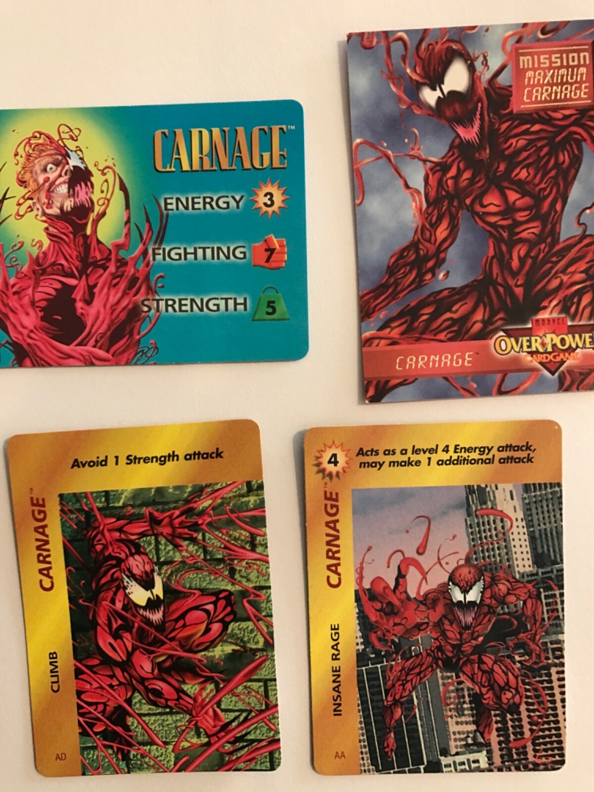 CARNAGE 4 card set : Marvel OVERPOWER 1995 CCG; 1 character, 1 mission ...