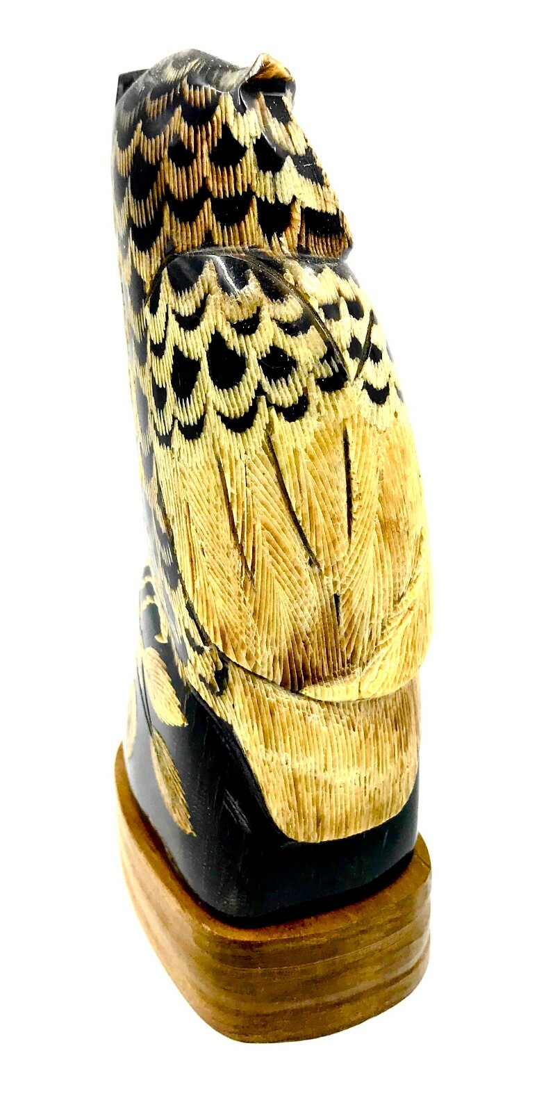 NEW 6" Tall Hand Carved Water Buffalo Horn Scrimshaw Owl On Teak Base ...