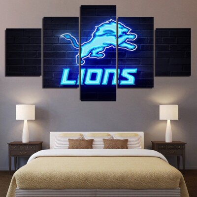 NFL Football Team Detroit Lions Neon Logo 5 Piece Panel Canvas Wall Art ...