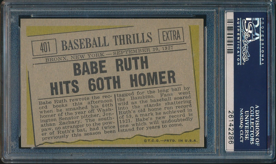 1961 TOPPS BASEBALL #401 BABE RUTH HITS 60TH HOMER PSA 9 MINT HIGH END ...