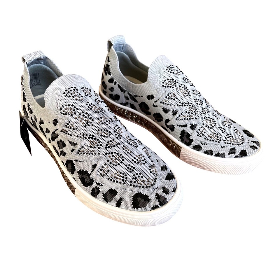 Bernie Mev New York Grey Leopard Rhinestone Vegan Slip On Sneakers Size ...