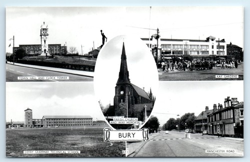POSTCARD BURY RPPC MV DERBY GRAMMAR SCHOOL KAY GARDENS TOWN HALL ETC ...