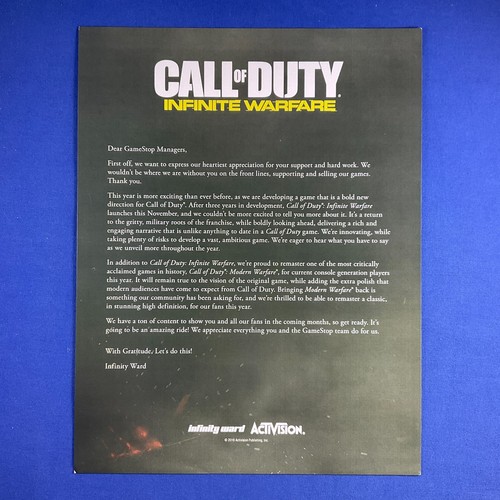 Call of Duty Infinite Warfare 2016 Gamestop Retailer Promo Letter ...