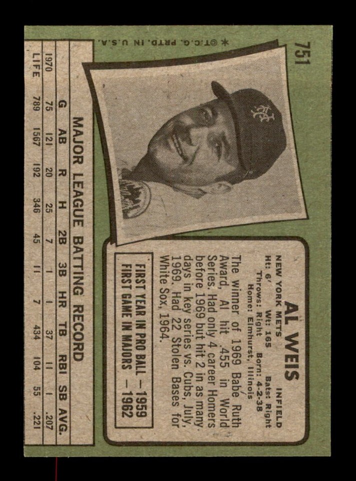 1971 Topps Baseball #751 Al Weis EX *d6 | eBay