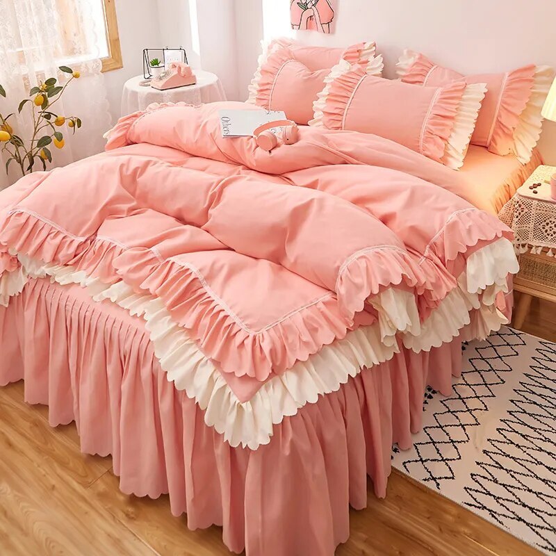 Pink Lace Ruffle Bedding Set Bed Skirt Sheet Bedspread Duvet Cover ...