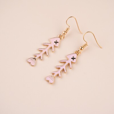 Cute Adorable Pink Fishbone Bone Quirky Hook Dangle Earrings Novelty ...