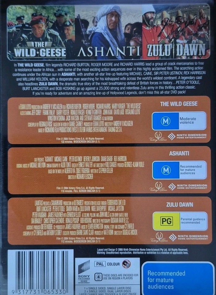 The Wild Geese / Ashanti / Zulu Dawn (DVD, 1978) Reg 4 Like New 🔥 Free ...