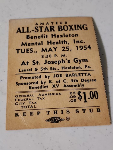 Vintage 1954 All Star Boxing Ticket Hazleton PA Joe Barletta St Joseph ...