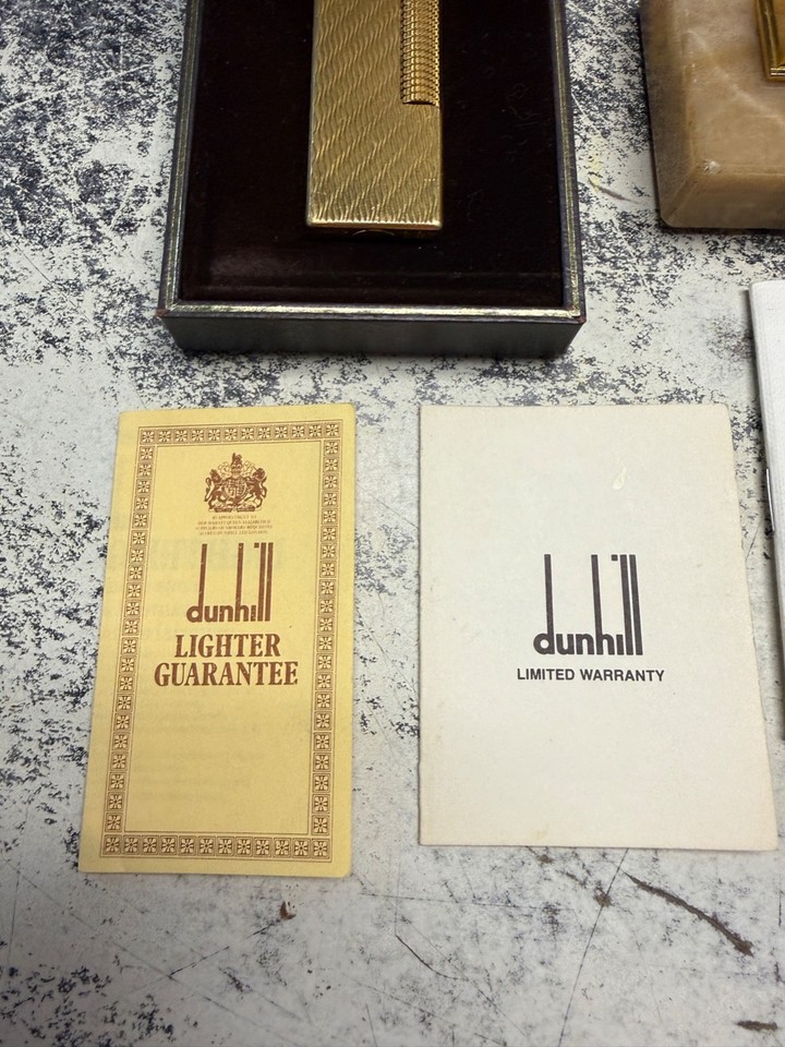 Dunhill butane powered gold finished lighter original case marble base ...