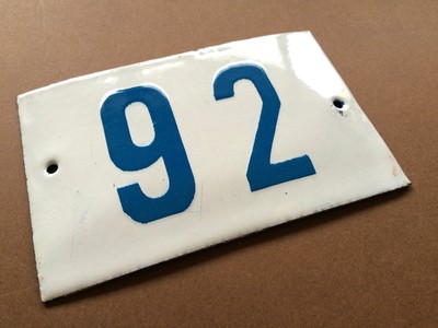 VINTAGE ENAMEL SIGN TIN PORCELAIN HOUSE NUMBER 92 DOOR GATE WHITE BLUE ...