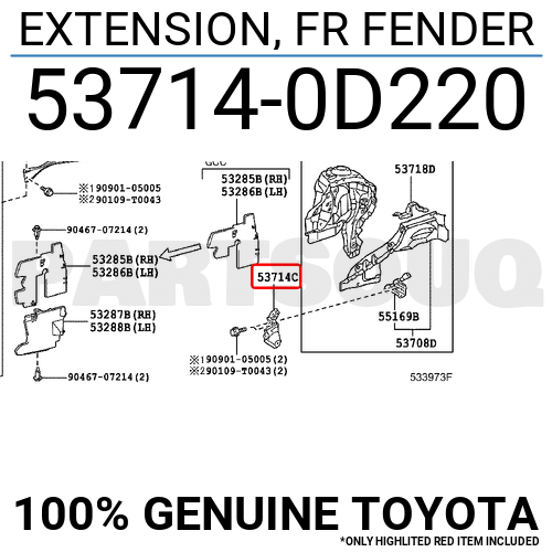 537140D220 Genuine Toyota EXTENSION, FR FENDER 53714-0D220 | eBay