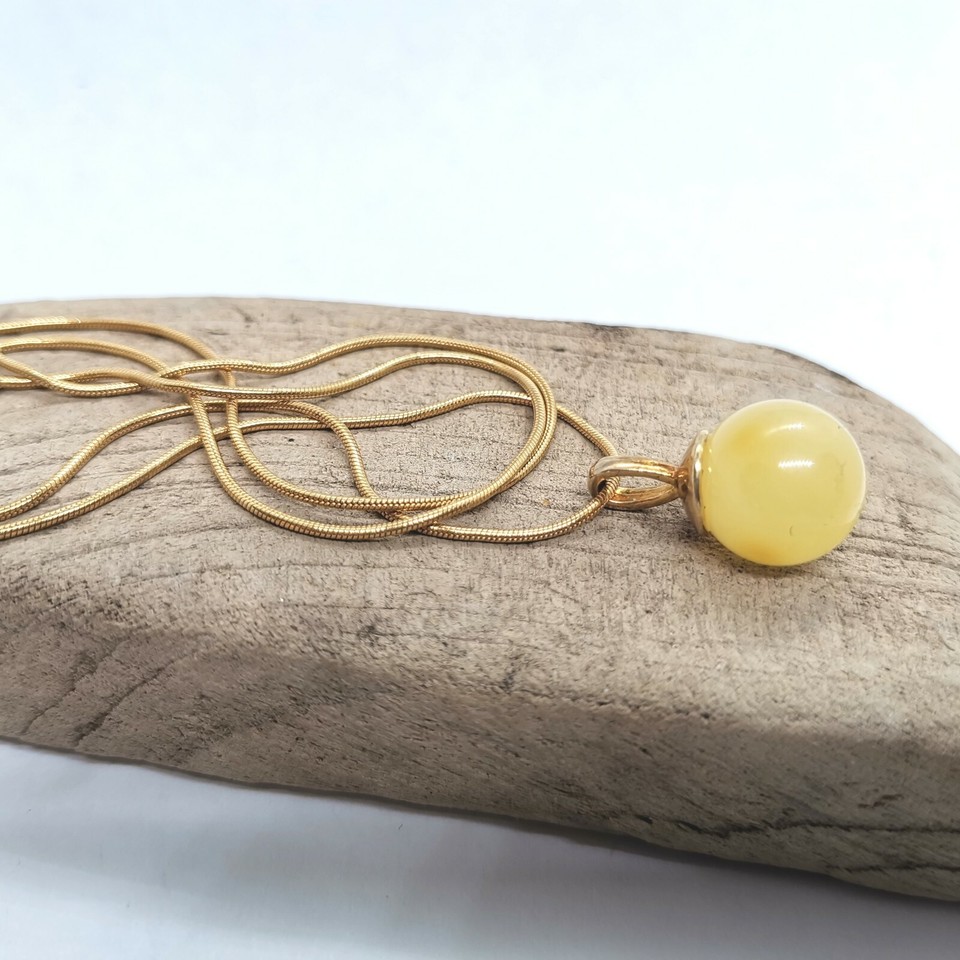 Amber Pendant Gold Plated Sterling Silver 925 Chain White Yellow Round ...