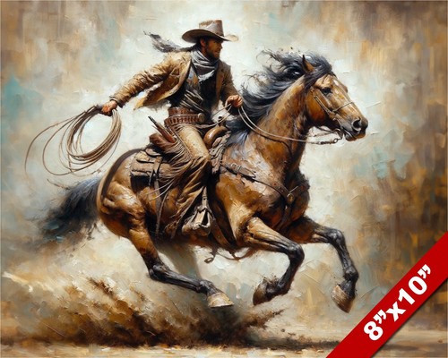 WESTERN COWBOY RIDING HORSE WITH ROPE LASSO PAINTING REAL CANVAS ART ...