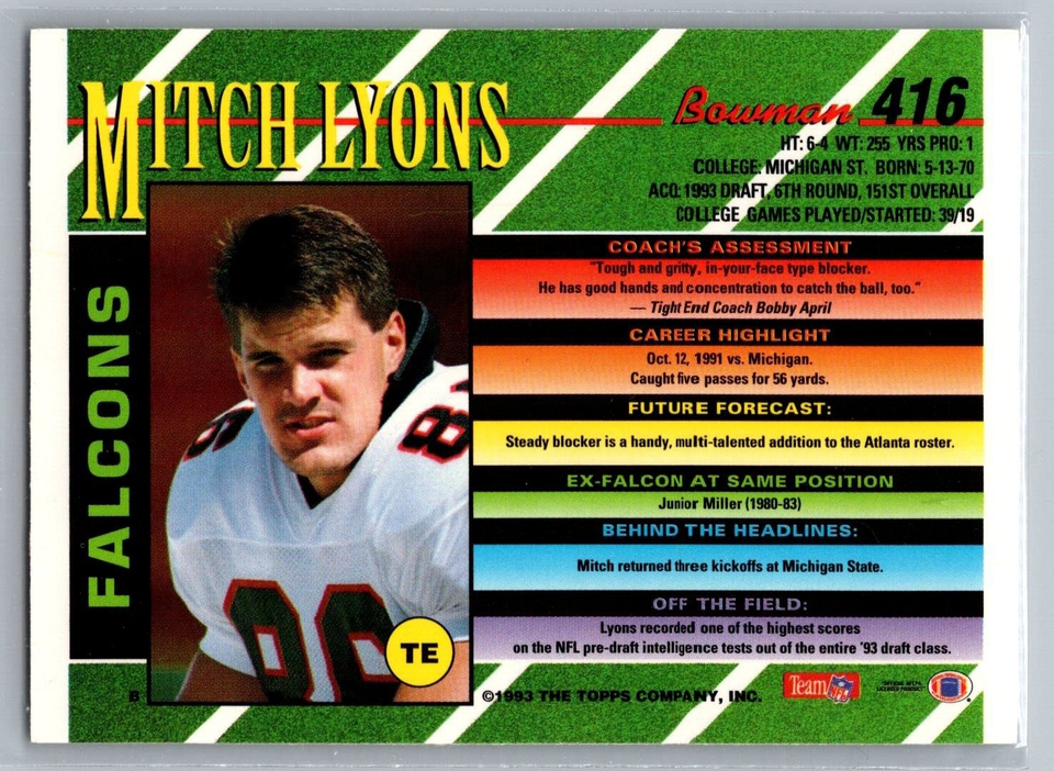 1993 TOPPS BOWMAN CARD # 416 Mitch Lyons - Atlanta Falcons | eBay