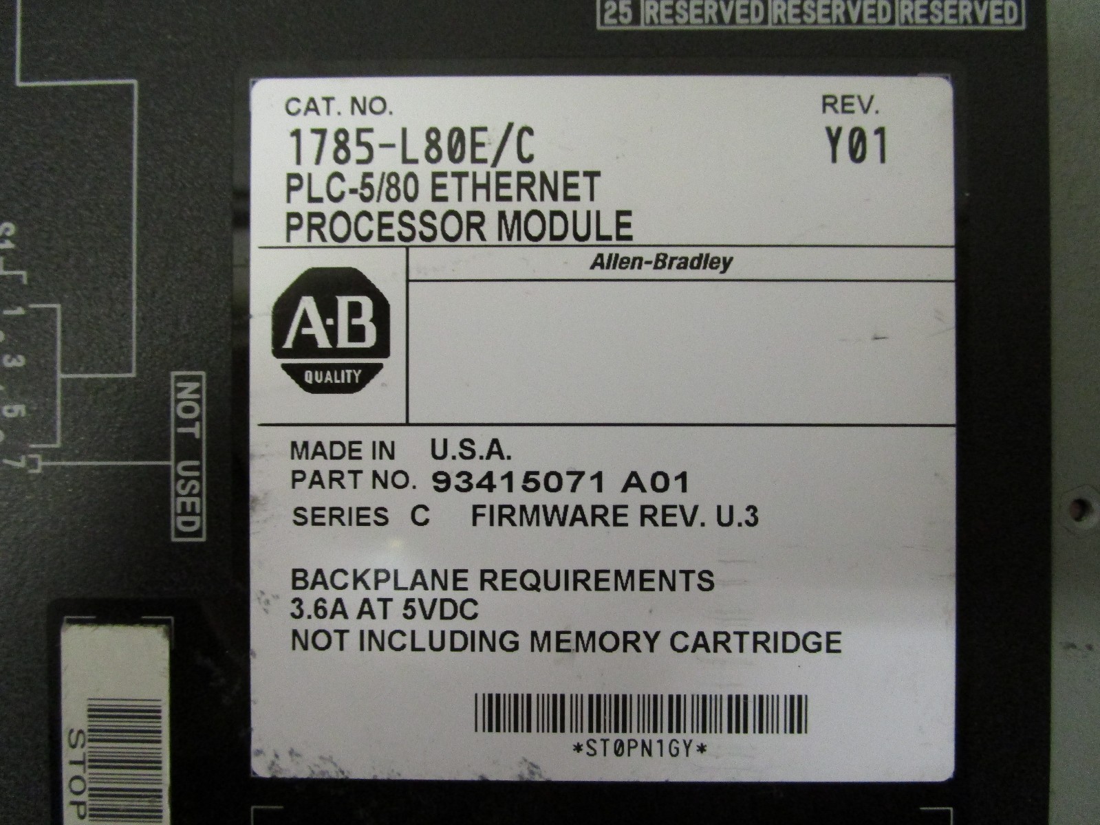 ALLEN-BRADLEY 1785-L80E/C SER C REV Y01 PLC-5/80 ETHERNET PROCESSOR ...