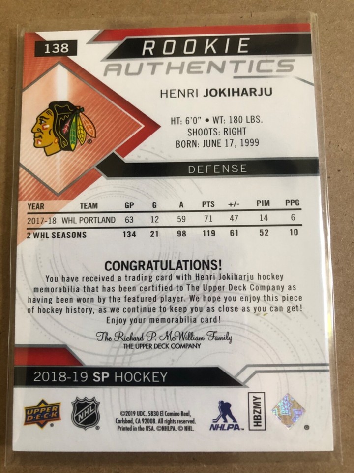 2018-19 Upper Deck SP Authentics Henri Jokiharju Rookie Jersey Card | eBay