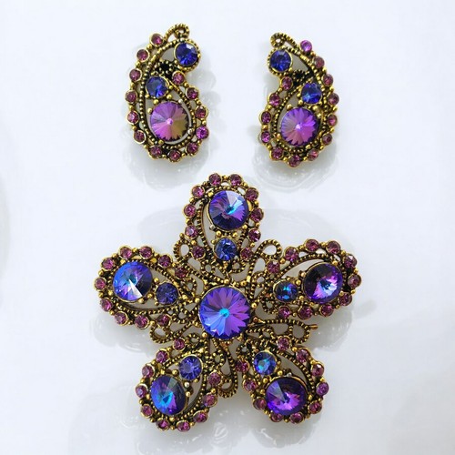 Vintage Open Work Paisley Cone/Round Iridescent Stones Brooch & Clip ...