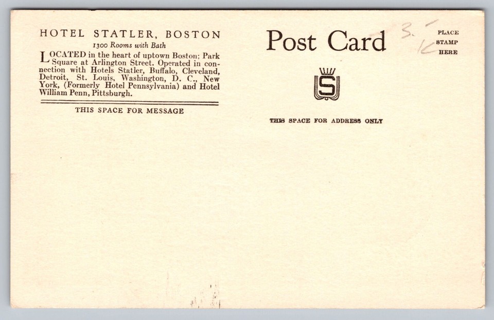 Vintage Postcard Hotel Statler, Boston, Park Square at Arlington Street ...