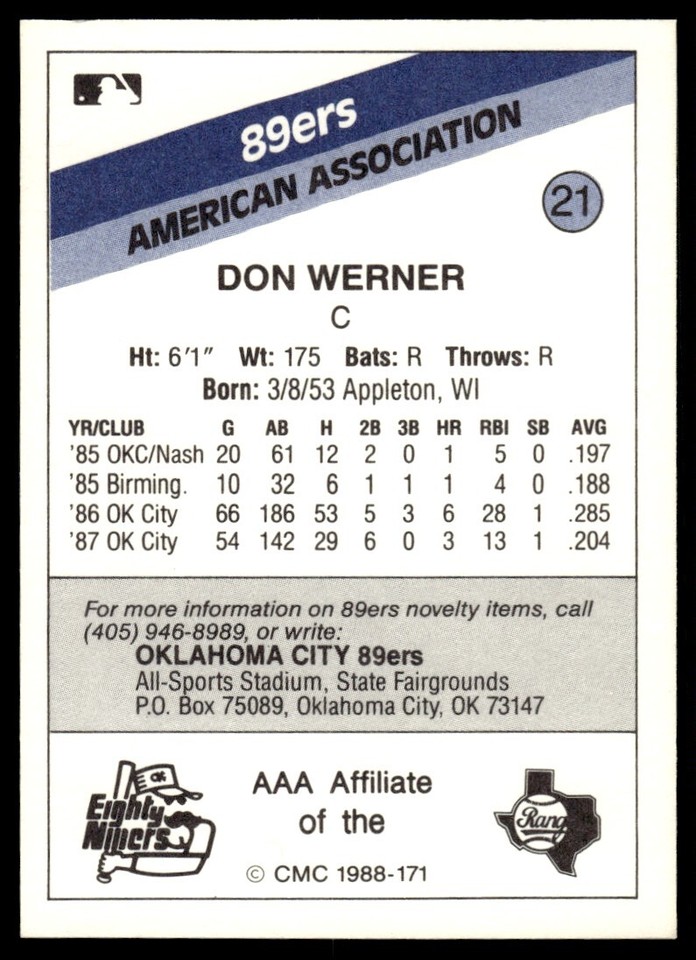 1988 CMC Oklahoma City 89ers Don Werner Oklahoma City 89ers #21 | eBay