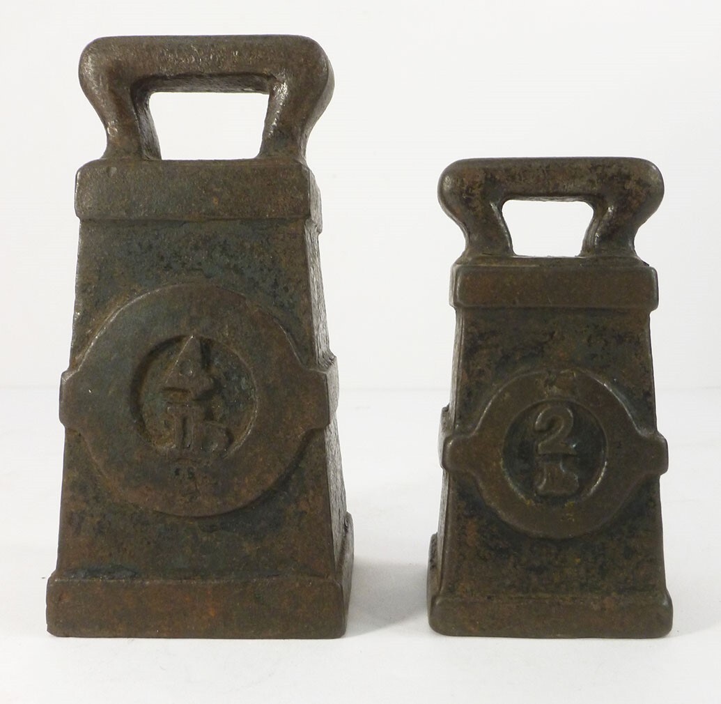 SQUARE BELL WEIGHTS two 4 and 2 POUND market SCALE TYPE 19th c ENGLAND ...