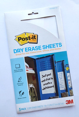 Post-it 3M Dry Erase Sheets 3 Pack 7" X 11.3" Peel & Stick to Create ...
