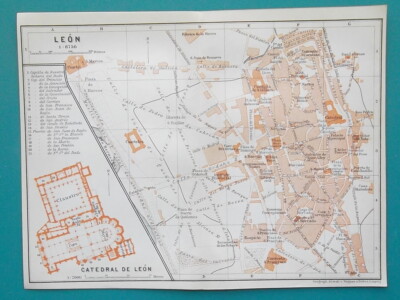 SPAIN Leon Town City Plan - 1913 Baedeker Map 6 x 8" (15 x 20 cm) | eBay