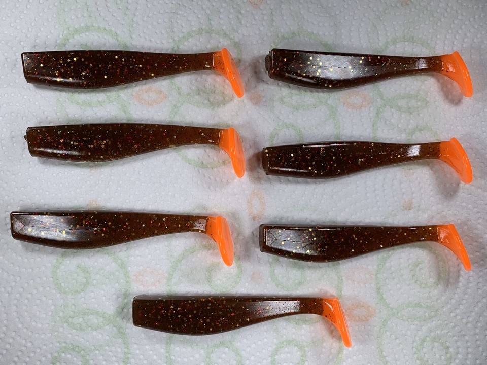 25ct Lot 4” Inch swimbait Root beer Fire Paddle Tail Shad Soft Plastic ...