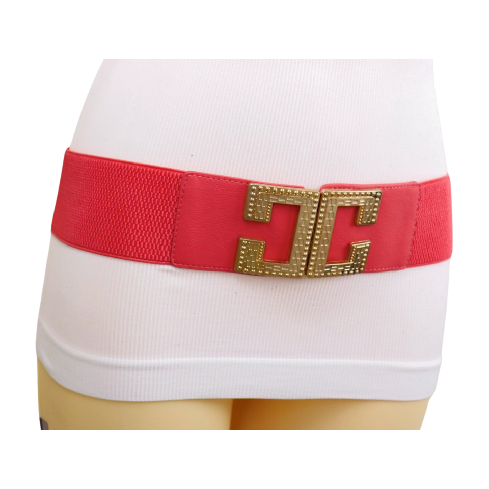Women Coral Exotic Color Elastic Wide Band Fashion Belt Gold Metal C ...