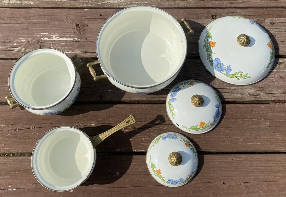 6 Pc TL Enamel Pot Set Blue Orange Green Floral | eBay