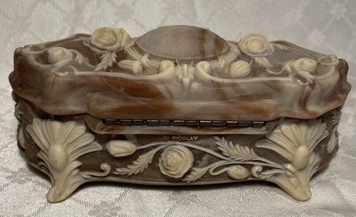 Vintage INCOLAY Stone Genuine Pink Rose Jewelry Trinket Box Handcraft ...