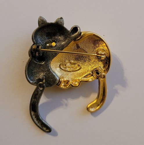 Vintage Signed DANECRAFT Black Silver Gray Gold Tone Metal CATS Brooch ...