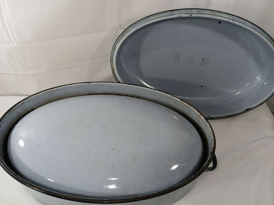 Vintage Savory Turkey Roaster Roasting Pan Enamel Double Wall Lightblue ...