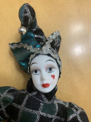 Porcelain Doll, Jester, Mardi Gras, New Orleans Green and Black 1993 | eBay