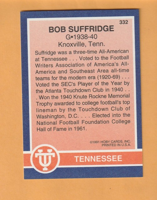 1991 Hoby Stars of the SEC - #332 Bob Suffridge (RC) for sale online | eBay