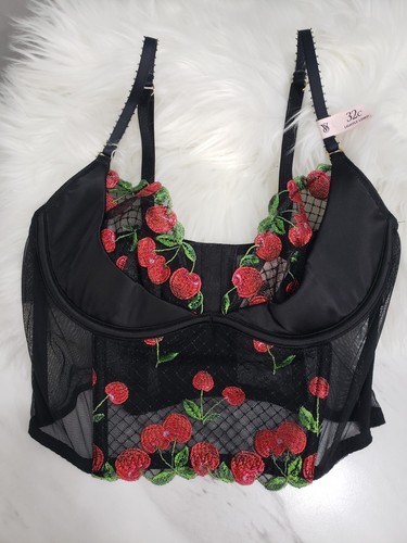 Victorias Secret Very Sexy Cherry Bra Longline Corset Sheer Black Lace ...