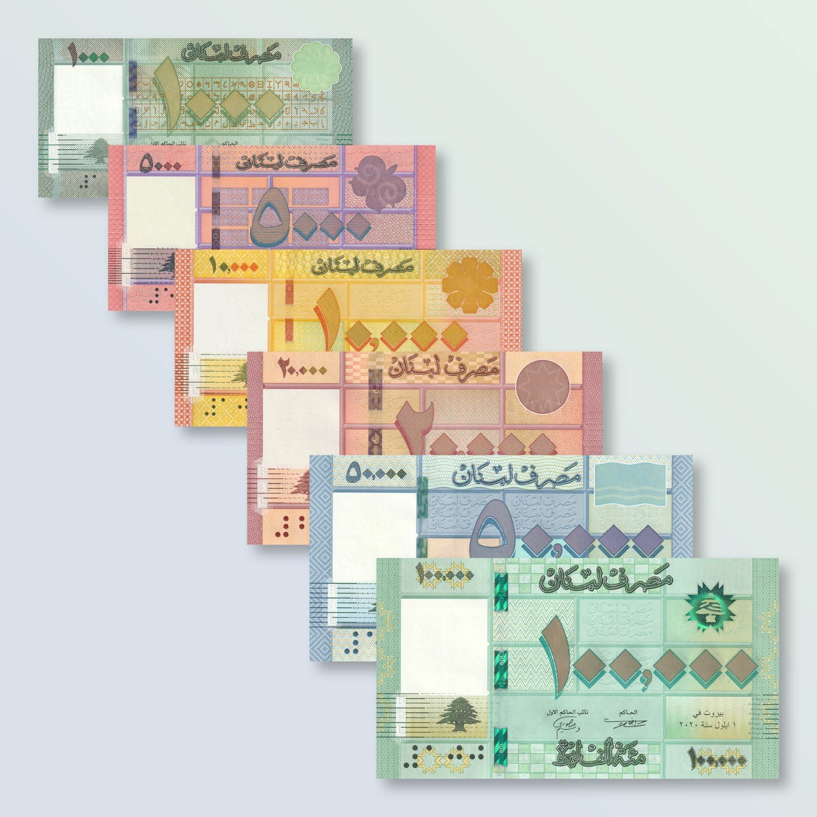Lebanon Full Set 6 Pcs: 1000 – 100000 Pounds / Livres, P90–P95, 2016 ...