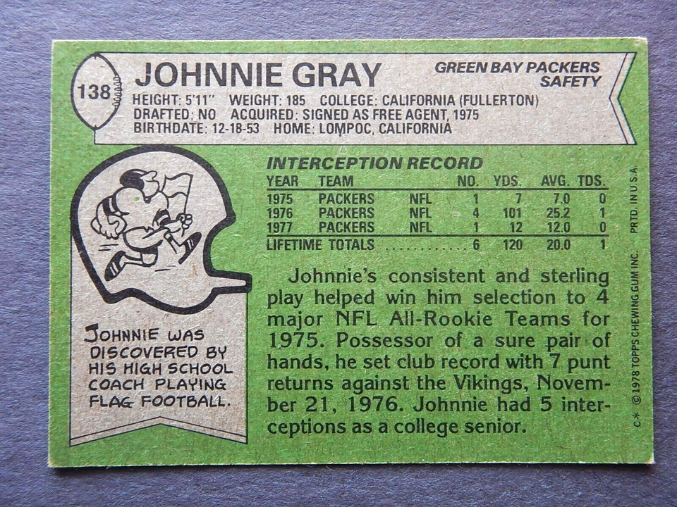 Johnnie Gray #138 Topps 1978 Football Card (Green Bay Packers) *VG | eBay