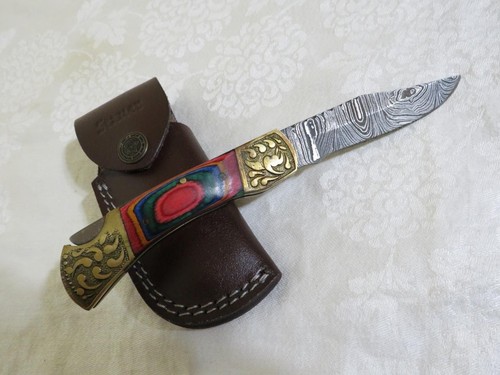 New Stunning Stauer Folding Knife Damascus Lock Blade Wood Brass Handle ...