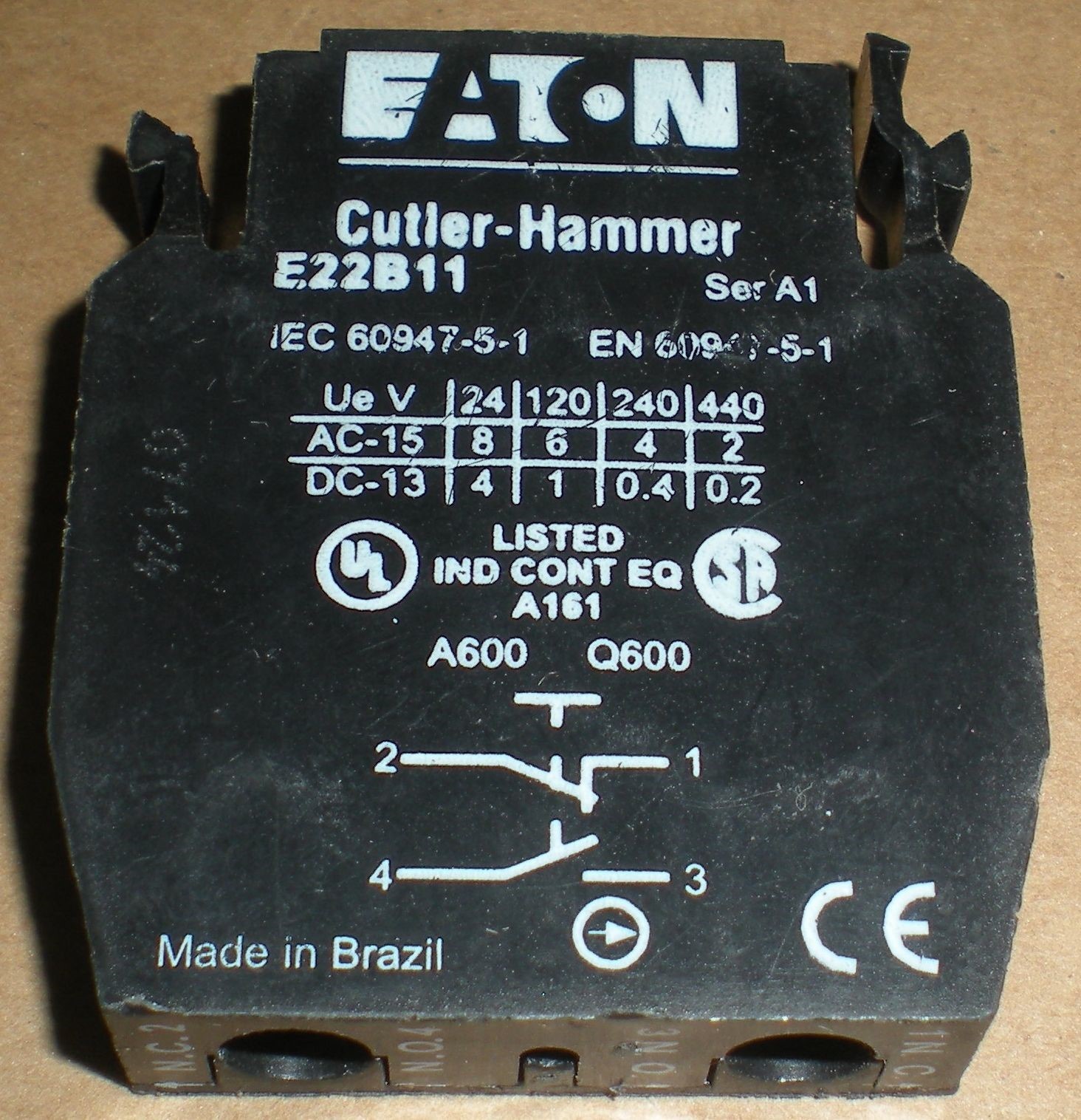 EATON CUTLER HAMMER E22B11 PUSHBUTTON CONTACT BLOCK 10 AMP NORMALLY ...